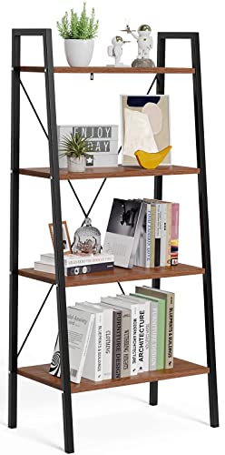 FURNINXS Ladder Shelf Bookcase, Bookshelf 4 Tier, Industrial Standing Shelf Storage Rack Storage Organizer Plant Stand, Steel Frame Book Shelf for Living Room/Bedroom/Kitchen/Bathroom - Red Brown