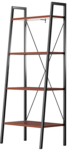 FURNINXS Ladder Shelf Bookcase, Bookshelf 4 Tier, Industrial Standing Shelf Storage Rack Storage Organizer Plant Stand, Steel Frame Book Shelf for Living Room/Bedroom/Kitchen/Bathroom - Red Brown