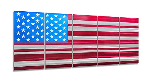 YHSKY ARTS American Flag Metal Art Wall Decor Handcrafted 3D Aluminum Artwork in Red Blue and Silver Color Modern Abstract Metallic Sculptures for Living Room Bedroom Office