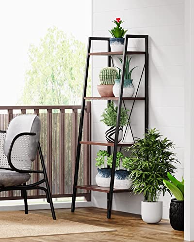 FURNINXS Ladder Shelf Bookcase, Bookshelf 4 Tier, Industrial Standing Shelf Storage Rack Storage Organizer Plant Stand, Steel Frame Book Shelf for Living Room/Bedroom/Kitchen/Bathroom - Red Brown
