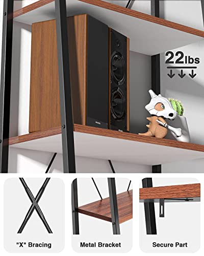 FURNINXS Ladder Shelf Bookcase, Bookshelf 4 Tier, Industrial Standing Shelf Storage Rack Storage Organizer Plant Stand, Steel Frame Book Shelf for Living Room/Bedroom/Kitchen/Bathroom - Red Brown