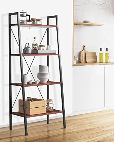 FURNINXS Ladder Shelf Bookcase, Bookshelf 4 Tier, Industrial Standing Shelf Storage Rack Storage Organizer Plant Stand, Steel Frame Book Shelf for Living Room/Bedroom/Kitchen/Bathroom - Red Brown