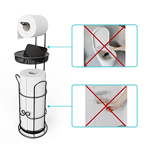 Toilet Paper Holder Stand with Shelf, Freestanding Toilet Tissue Roll Holder with Dispenser for Bathroom Storage Holds 4 Rolls - Black