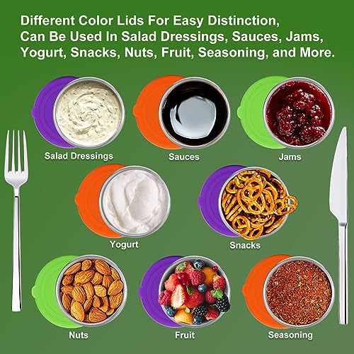 Soleebee 3 Pack Salad Dressing Containers to Go, 2.4oz Small Travel Condiment Containers, Reusable Stainless Steel Dipping Sauce Cups with Leakproof Silicone Lids for Bento Box (Purple/Green/Orange)