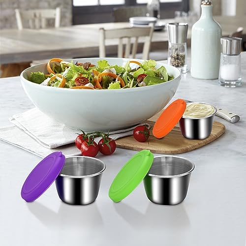 Soleebee 3 Pack Salad Dressing Containers to Go, 2.4oz Small Travel Condiment Containers, Reusable Stainless Steel Dipping Sauce Cups with Leakproof Silicone Lids for Bento Box (Purple/Green/Orange)
