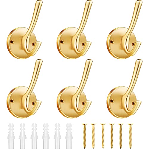 Coat Hooks Bathroom Towel Hooks Rustproof Metal Hooks Heavy Duty Double Robe Hook Clothing Hat Key Hook Toilet Kitchen Wall Mounted Hanger (Gold,6 Pieces)