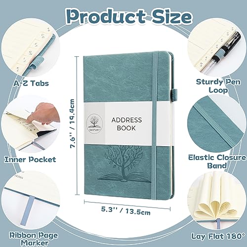 DAOFARY Address Book with Alphabetical Tabs - Small Address Keeper Book (5.3 * 7.6 in) with Inner Pocket, Hardcover Address Notebook for Store Your Important Informations (Blue Haze)