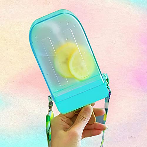 Mr.Dai Cute Water Bottles with Straws for Kids,Unique Kawaii Popsicle Shaped Plastic Leakproof Kettle 300ML,Adjustable Shoulder Strap Transparent Water Juice Drinking Jug BPA Free (blue)