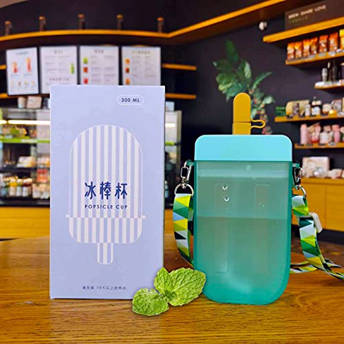 Mr.Dai Cute Water Bottles with Straws for Kids,Unique Kawaii Popsicle Shaped Plastic Leakproof Kettle 300ML,Adjustable Shoulder Strap Transparent Water Juice Drinking Jug BPA Free (blue)