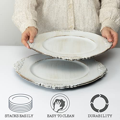 MAONAME Antique White Charger Plates, Round Antique Plate Chargers for Dinner Plates, 13" Plastic Charger for Plates, Wedding Table Setting, Set of 6