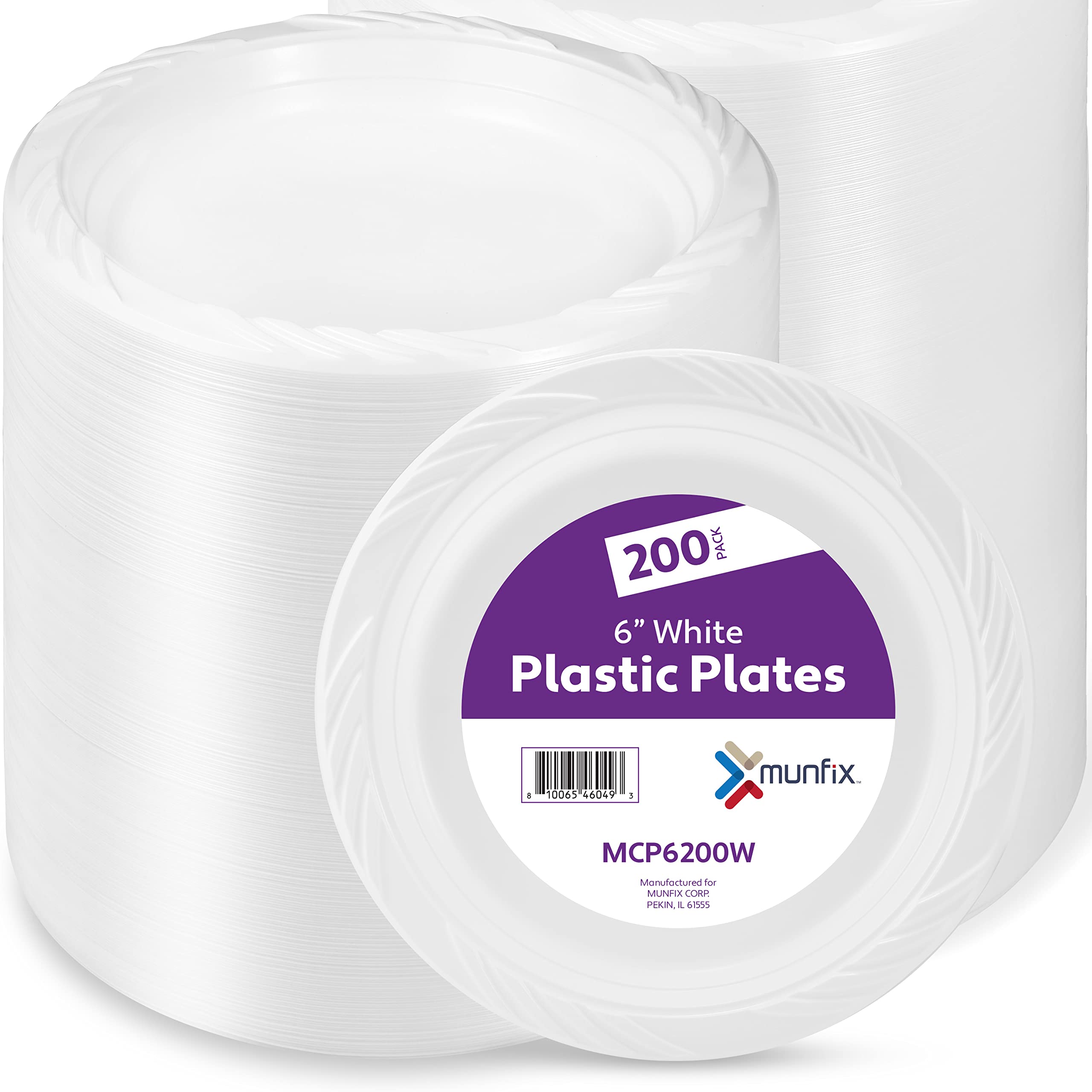 Munfix 200 White Plastic Plates Set - 6 Inch Plastic Dessert Plates, Disposable Plates Bulk Pack, Party Plates for BBQ, Picnic, Parties, Travel and Events, Microwavable Recyclable