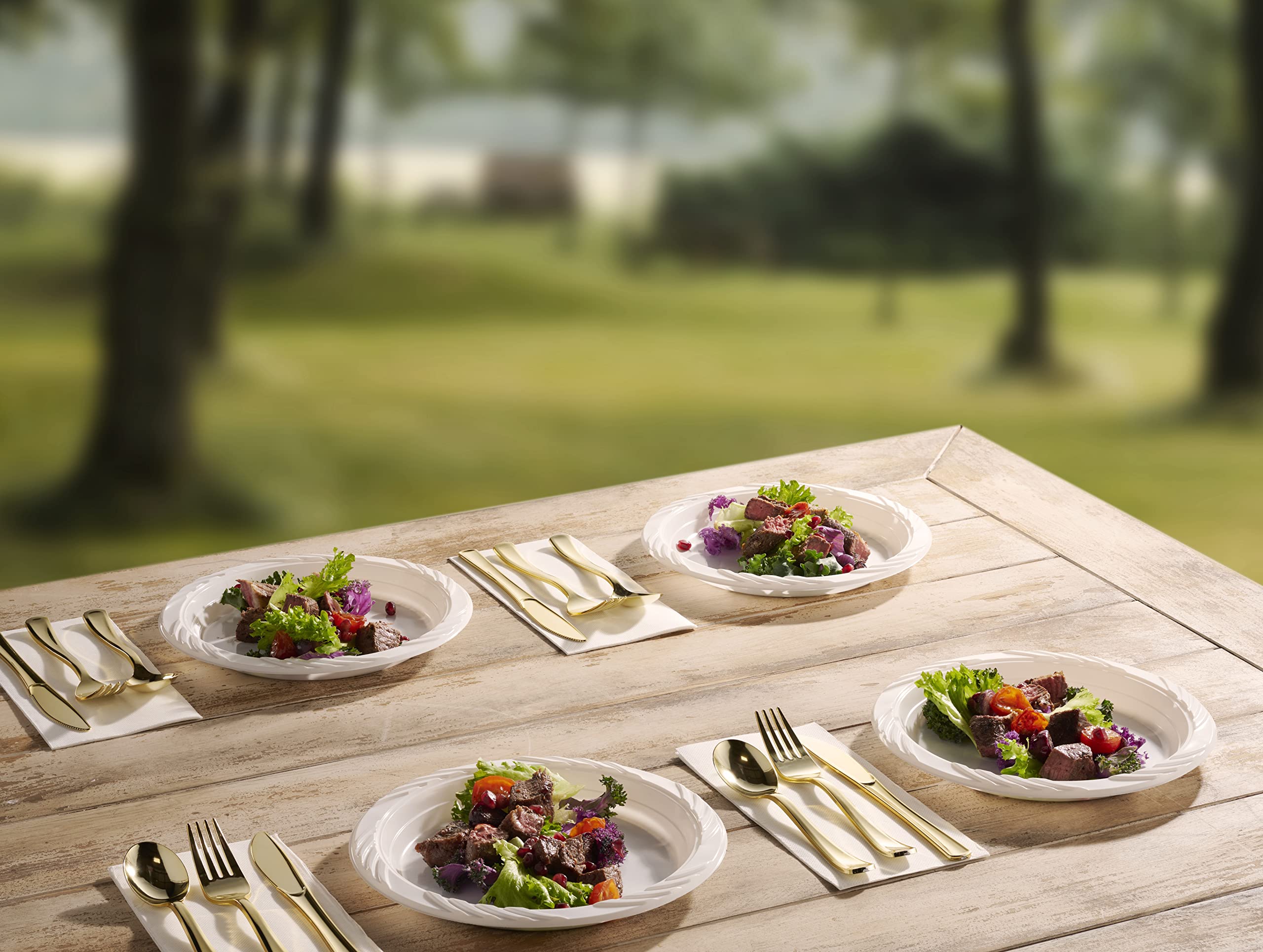 Munfix 200 White Plastic Plates Set - 9 Inch Plastic Dinner Plates, Disposable Plates Bulk Pack, Party Plates for BBQ, Picnic, Parties, Travel and Events, Microwavable Recyclable