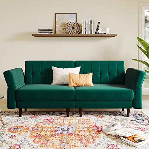 Belffin Velvet Convertible Futon Sofa Bed Memory Foam Futon Couch Sleeper Sofa Green