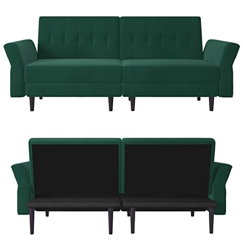 Belffin Velvet Convertible Futon Sofa Bed Memory Foam Futon Couch Sleeper Sofa Green