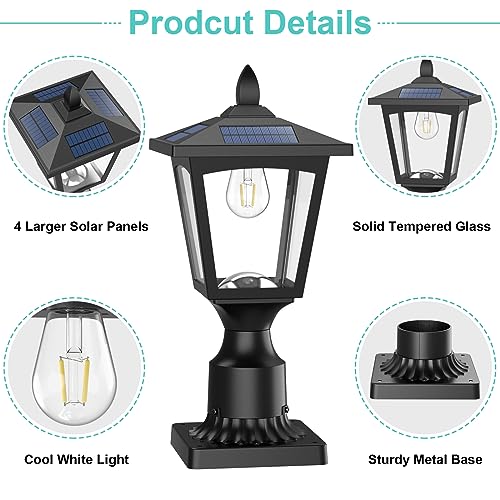Solar Post Lights, 6000K Dusk to Dawn Solar Lamp Post Light with Pier Mount Base, Solar Post Lights Outdoor Waterproof for Garden Yard Landscape Pole Pillar, Outside Decorative Lamp(Cool White)
