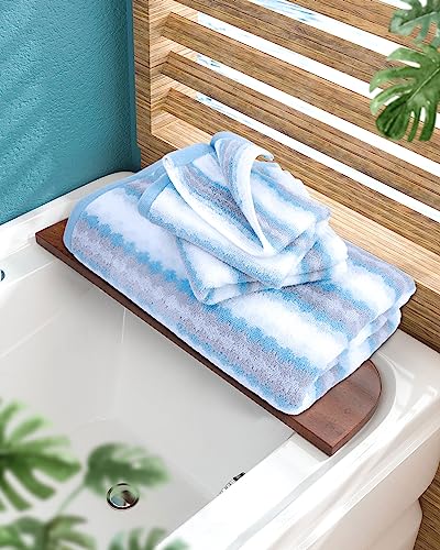 Jacquotha 6 Piece Soft and Absorbent Bathroom Towel Set, 2 Bath Towels, 2 Hand Towels, 2 Washcloths, Stripe and Cut Velvet Design, Cotton Lightweight Thin Towel Sky Blue