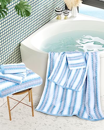 Jacquotha 6 Piece Soft and Absorbent Bathroom Towel Set, 2 Bath Towels, 2 Hand Towels, 2 Washcloths, Stripe and Cut Velvet Design, Cotton Lightweight Thin Towel Sky Blue