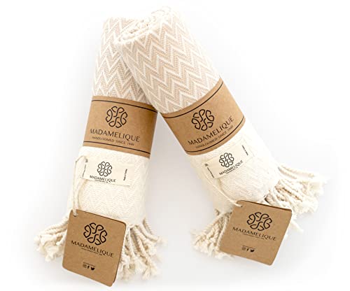 Madamelique Exclusive Hand Towels Set of 2-18 x 40 Inches - Decorative Bathroom Peshtemal Towel for Hand, Face, Hair, Yoga, Tea, Dishcloth, Kitchen and Bath - 100% Pure Cotton (Beige)