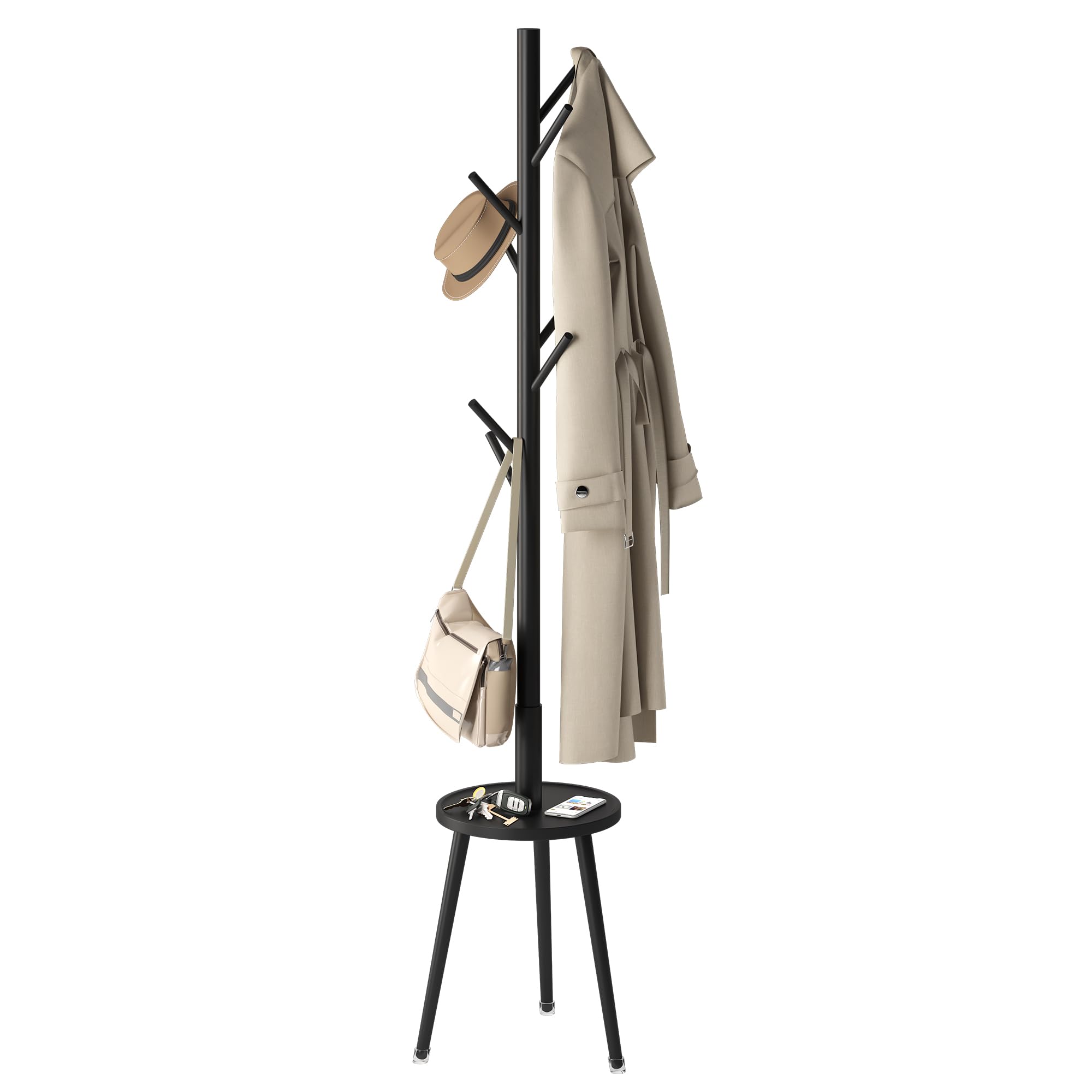 BMOSU Coat Rack freestanding Stand with Shelf Bamboo Wooden Coat Tree Easy Assembly 8 Hooks Standing Jackets Hanger Hallway Office Floor Coat Stand Black