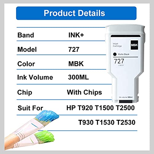 INK+ HP 727 Dye Matte Black Cartridge Compatible for HP 727 Dye for HP DesignJet T920 T930 T1500 T1530 T2500 T2530 300ml