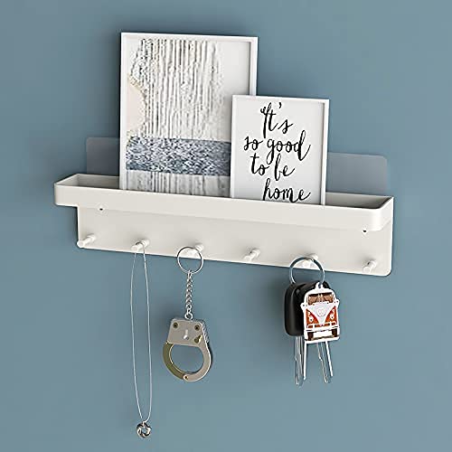 PXKOSA Key Holder for Wall, 6 Hooks Key Holder, Mail and Key Holder Wall Mount, Key Hooks with Tray, Metal Key Rack for Hallway, Kitchen, Bathroom, Office (White)