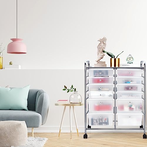 Homgava Rolling Storage Cart and Organizer with 12 Plastic Drawers-4 Lockable Casters for School Office Home Beauty Salon(White)