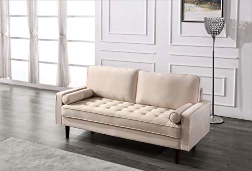 Container Furniture Direct Womble Modern Velvet Upholstered Living Room Diamond Tufted Chesterfield Sofa with Gleaming Nailheads, Biscuit