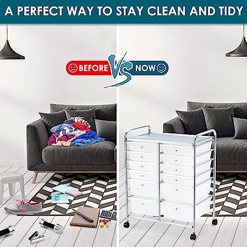 Homgava Rolling Storage Cart and Organizer with 12 Plastic Drawers-4 Lockable Casters for School Office Home Beauty Salon(White)
