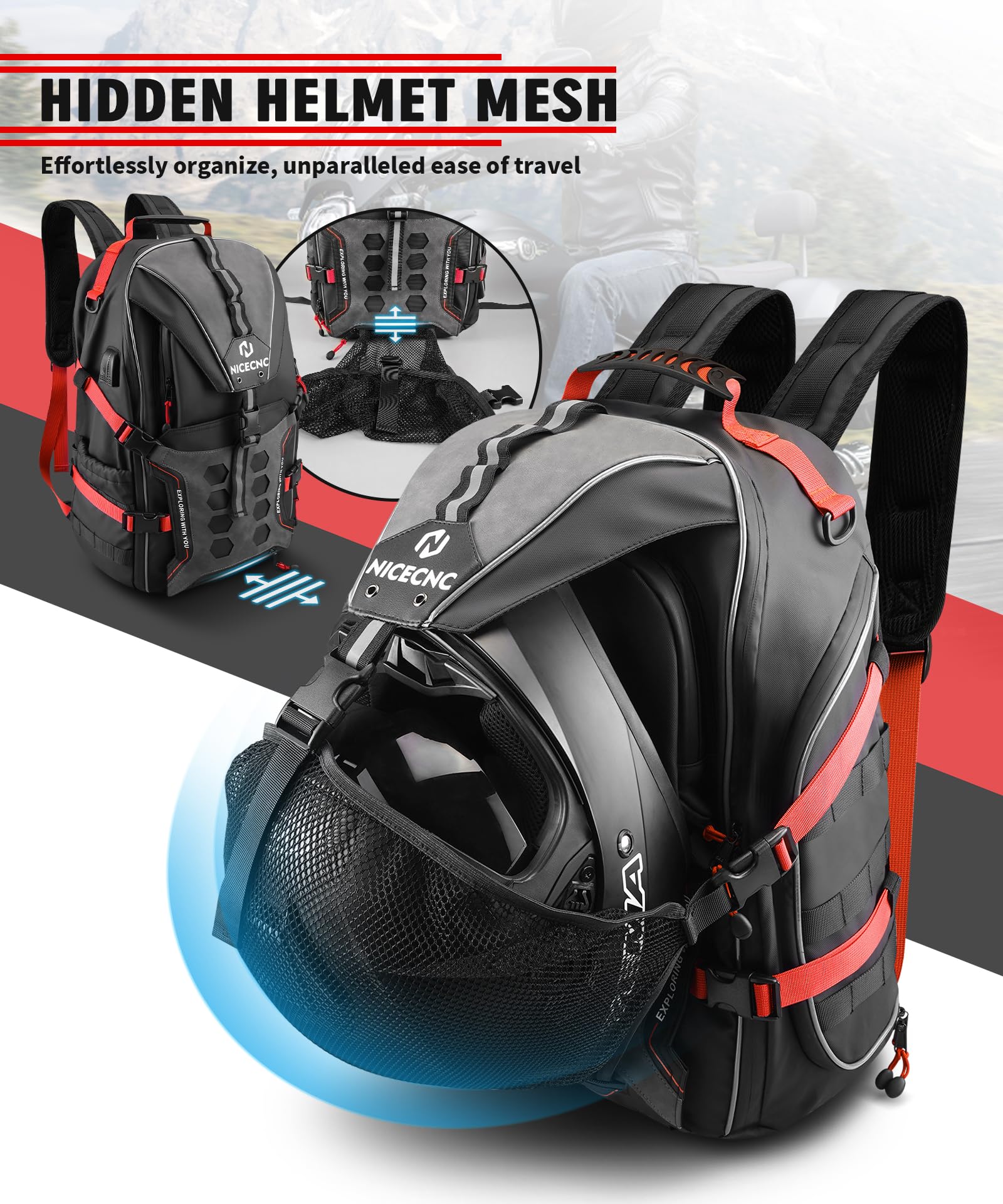 NICECNC Motorcycle Helmet Backpack 35L Large Capacity Motorcycle Helmet Bag, Universal Motorcycle Riding Backpacks for Men Motorcycle Lugguge Storage Bag with Hidden Helmet Net, Red