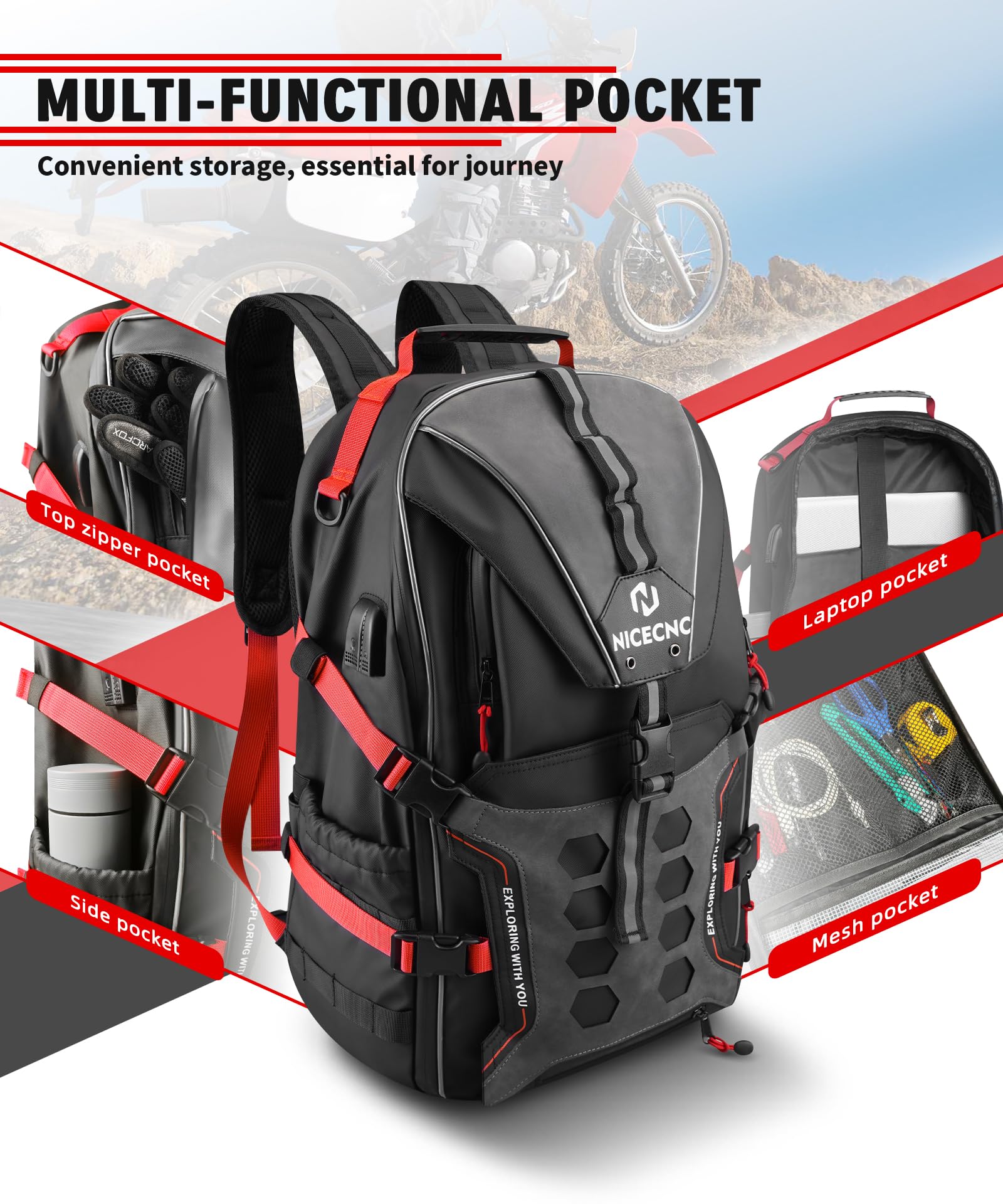 NICECNC Motorcycle Helmet Backpack 35L Large Capacity Motorcycle Helmet Bag, Universal Motorcycle Riding Backpacks for Men Motorcycle Lugguge Storage Bag with Hidden Helmet Net, Red