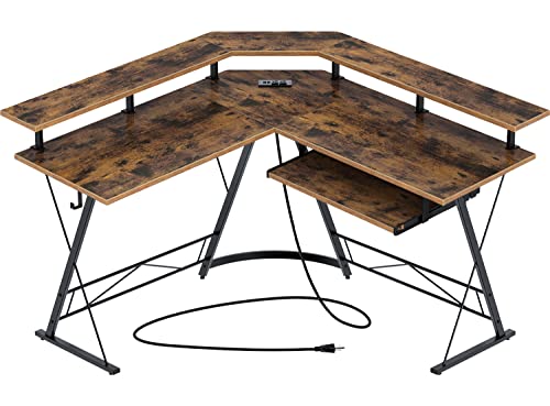 Rolanstar Computer Desk L Shaped with Power Outlet, 54ā Reversible L Shaped Computer Desk with Monitor Stand and Keyboard Tray, Home Office Desk with USB Port & Hook, Rustic Brown