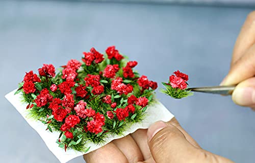 40 Pcs Flower Cluster Flower Vegetation Groups Grass Tufts Miniature Static Scenery Model for DIY Architecture Building Model Railway Train Diorama Garden Scenery Landscape Layout (Red)