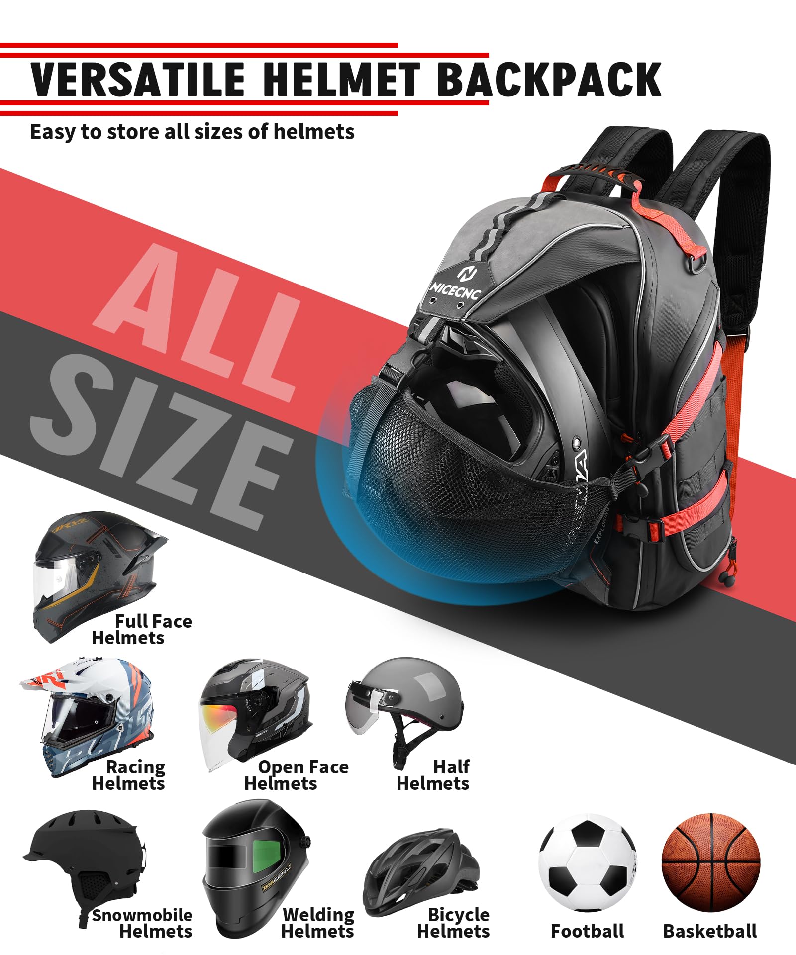 NICECNC Motorcycle Helmet Backpack 35L Large Capacity Motorcycle Helmet Bag, Universal Motorcycle Riding Backpacks for Men Motorcycle Lugguge Storage Bag with Hidden Helmet Net, Red