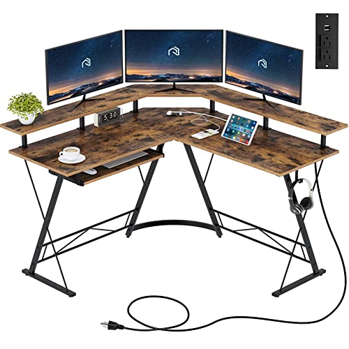 Rolanstar Computer Desk L Shaped with Power Outlet, 54β Reversible L Shaped Computer Desk with Monitor Stand and Keyboard Tray, Home Office Desk with USB Port & Hook, Rustic Brown
