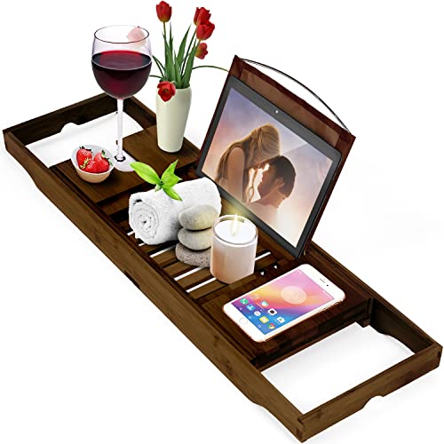 Homemaid Living Luxury Bamboo Bath Tray for Bathtub - Expandable Bathroom Tray with Reading Rack or Tablet Holder, Premium Bath Tray with Wine Glass Holder, Bathroom Caddy, Fits All Bathtubs (Brown)