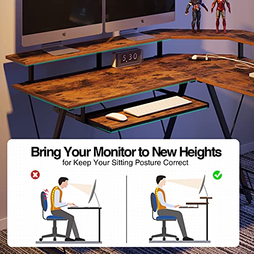 Rolanstar Computer Desk L Shaped with Power Outlet, 54β Reversible L Shaped Computer Desk with Monitor Stand and Keyboard Tray, Home Office Desk with USB Port & Hook, Rustic Brown