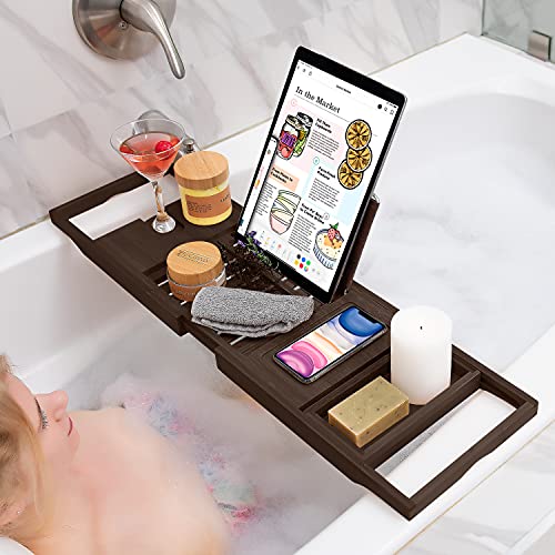 Homemaid Living Luxury Bamboo Bath Tray for Bathtub - Expandable Bathroom Tray with Reading Rack or Tablet Holder, Premium Bath Tray with Wine Glass Holder, Bathroom Caddy, Fits All Bathtubs (Brown)