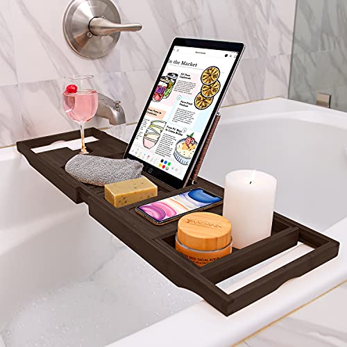 Homemaid Living Luxury Bamboo Bath Tray for Bathtub - Expandable Bathroom Tray with Reading Rack or Tablet Holder, Premium Bath Tray with Wine Glass Holder, Bathroom Caddy, Fits All Bathtubs (Brown)