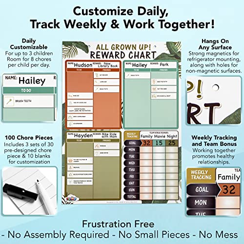 Chores Chart for Kids - Magnetic Behavior and Responsibility Reward Chart for Multiple Kids - Separate Section and Pieces for each Child - 3 Sets of 30 Pre-Designed Chore pieces and 10 Blanks Included