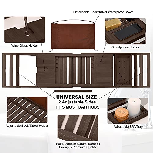 Homemaid Living Luxury Bamboo Bath Tray for Bathtub - Expandable Bathroom Tray with Reading Rack or Tablet Holder, Premium Bath Tray with Wine Glass Holder, Bathroom Caddy, Fits All Bathtubs (Brown)