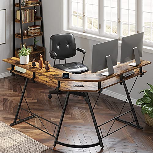 Rolanstar Computer Desk L Shaped with Power Outlet, 54β Reversible L Shaped Computer Desk with Monitor Stand and Keyboard Tray, Home Office Desk with USB Port & Hook, Rustic Brown