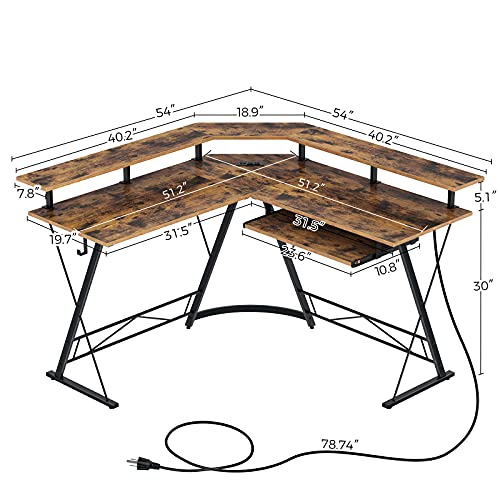 Rolanstar Computer Desk L Shaped with Power Outlet, 54β Reversible L Shaped Computer Desk with Monitor Stand and Keyboard Tray, Home Office Desk with USB Port & Hook, Rustic Brown