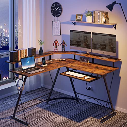 Rolanstar Computer Desk L Shaped with Power Outlet, 54β Reversible L Shaped Computer Desk with Monitor Stand and Keyboard Tray, Home Office Desk with USB Port & Hook, Rustic Brown