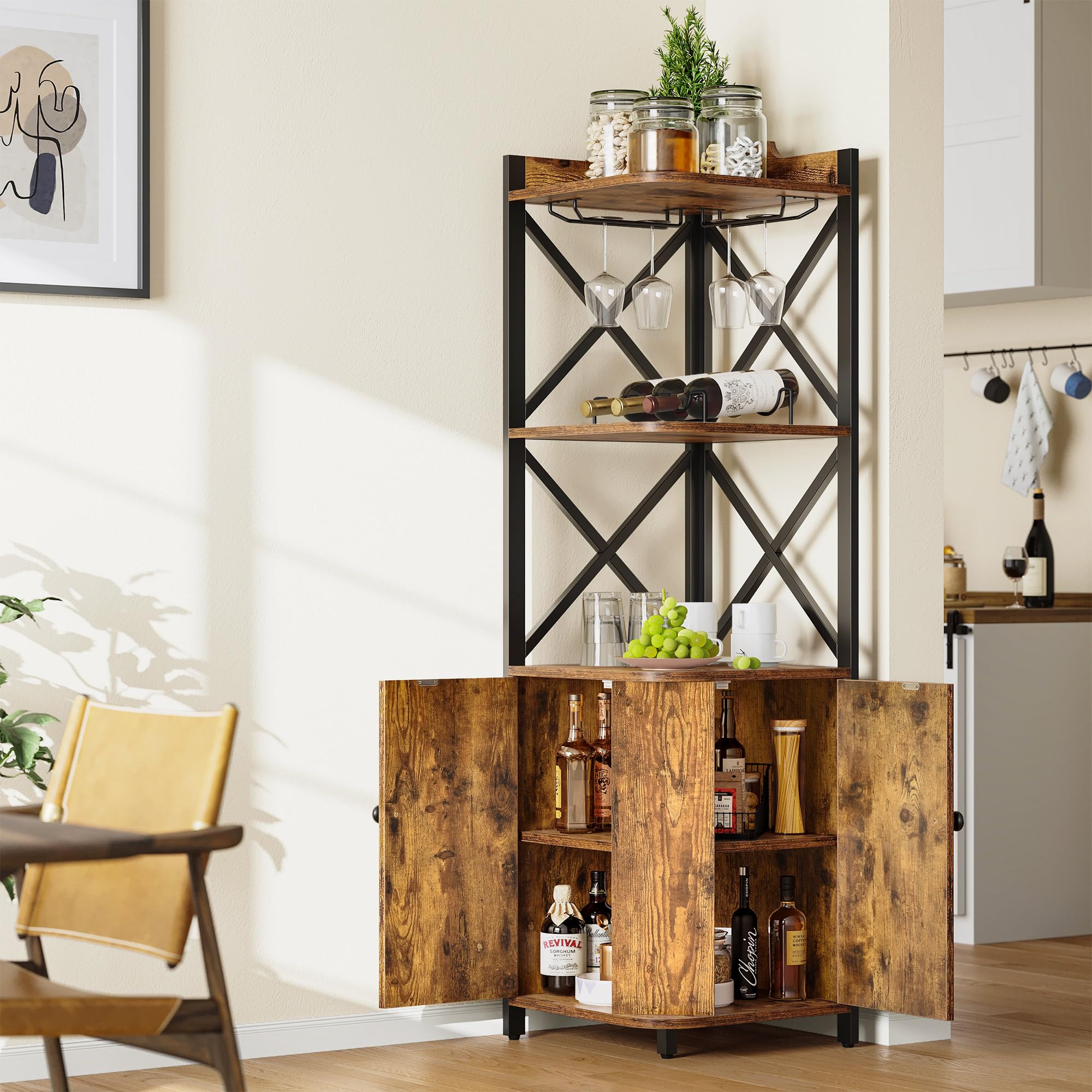 YITAHOME Corner Bar Cabinet with Glass & Wine Holder, Industrial Corner Shelf with Wine Storage, 5-Tiers Liquor Cabinet Bar for Home/Living Room/Kitchen, Rustic Brown