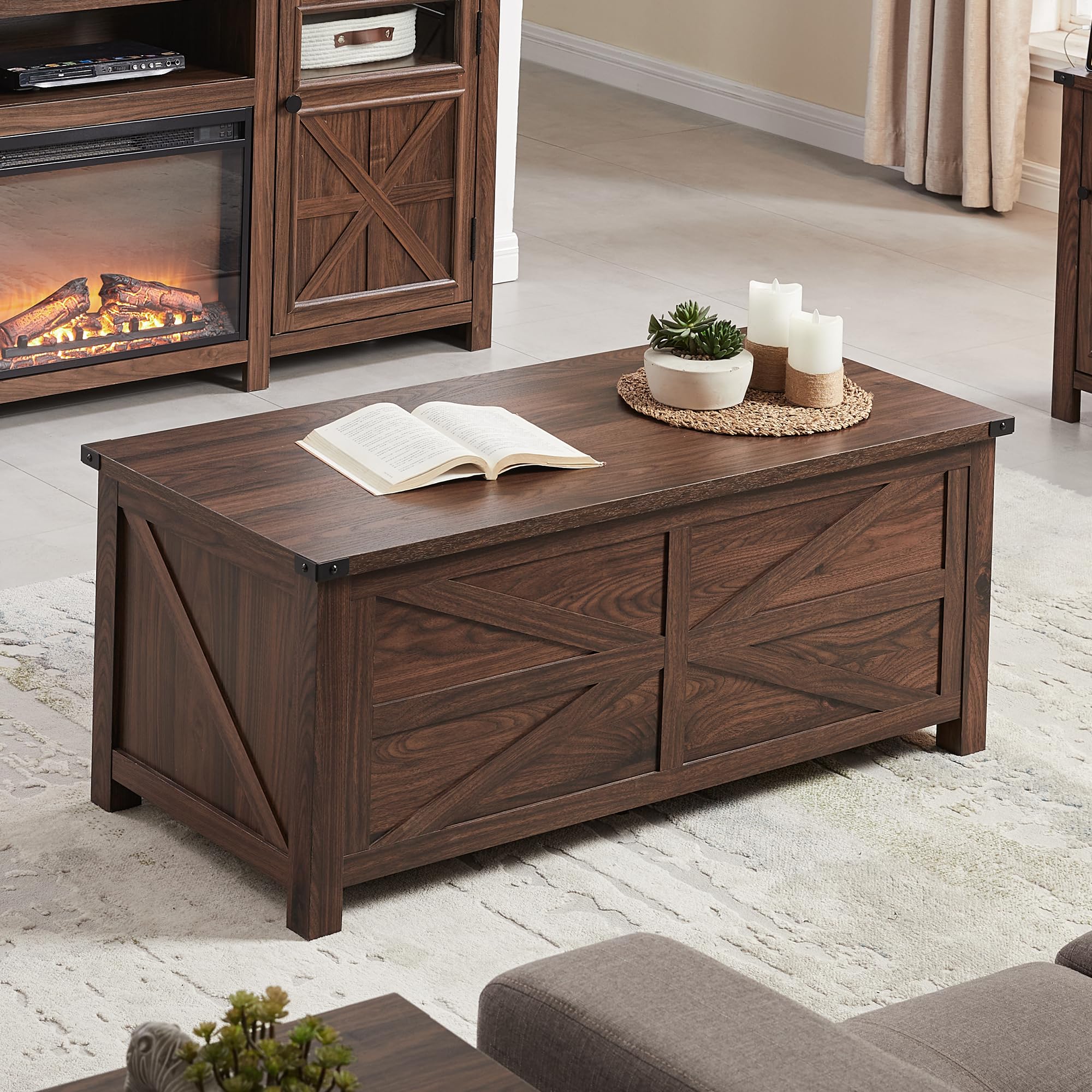 JXQTLINGMU 48" Coffee Table with 4 Large Storage Drawers, Modern Farmhouse Cocktail Table with Barn Door Design, Rustic Rectangle Center Table for Living Room, Office, Brown