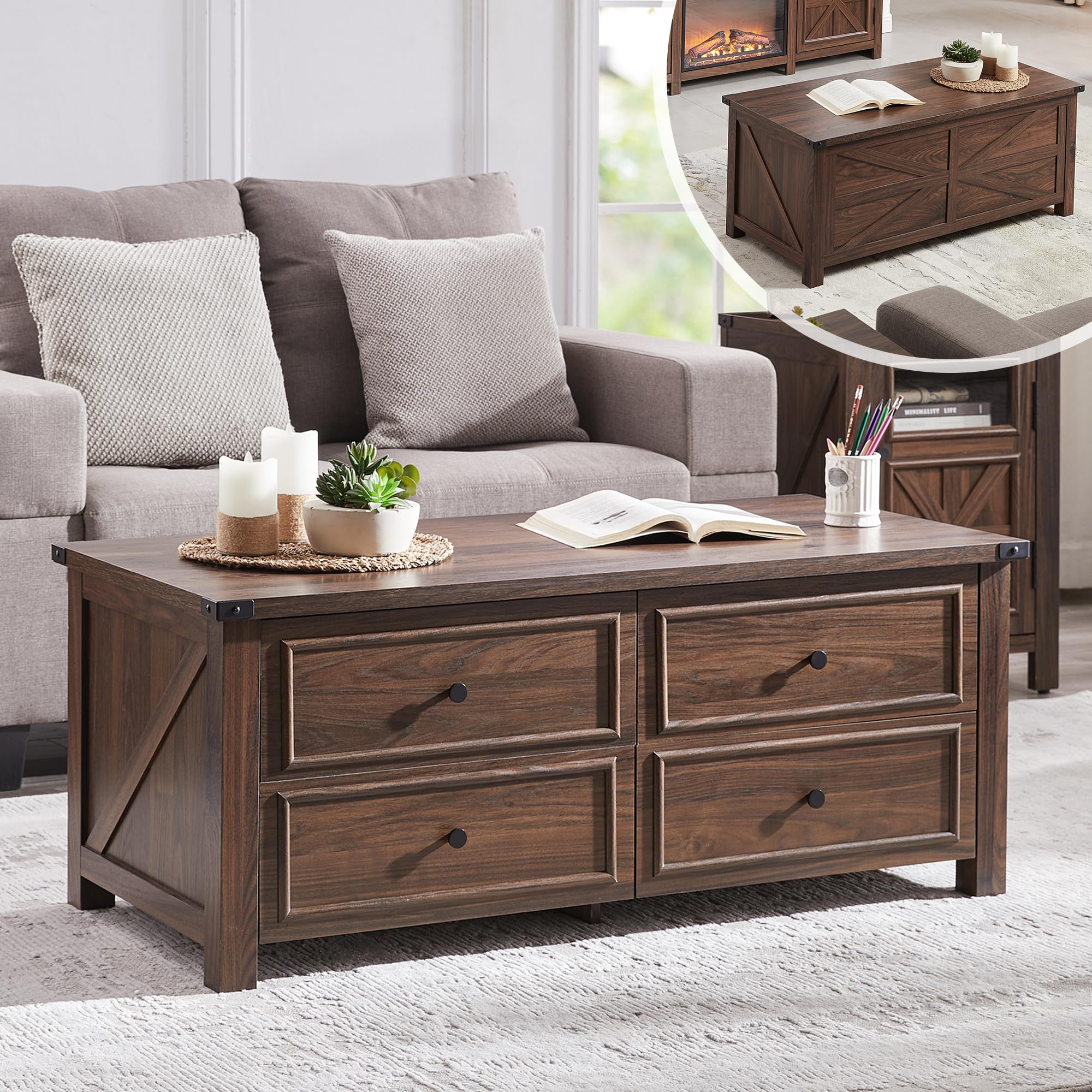 JXQTLINGMU 48" Coffee Table with 4 Large Storage Drawers, Modern Farmhouse Cocktail Table with Barn Door Design, Rustic Rectangle Center Table for Living Room, Office, Brown