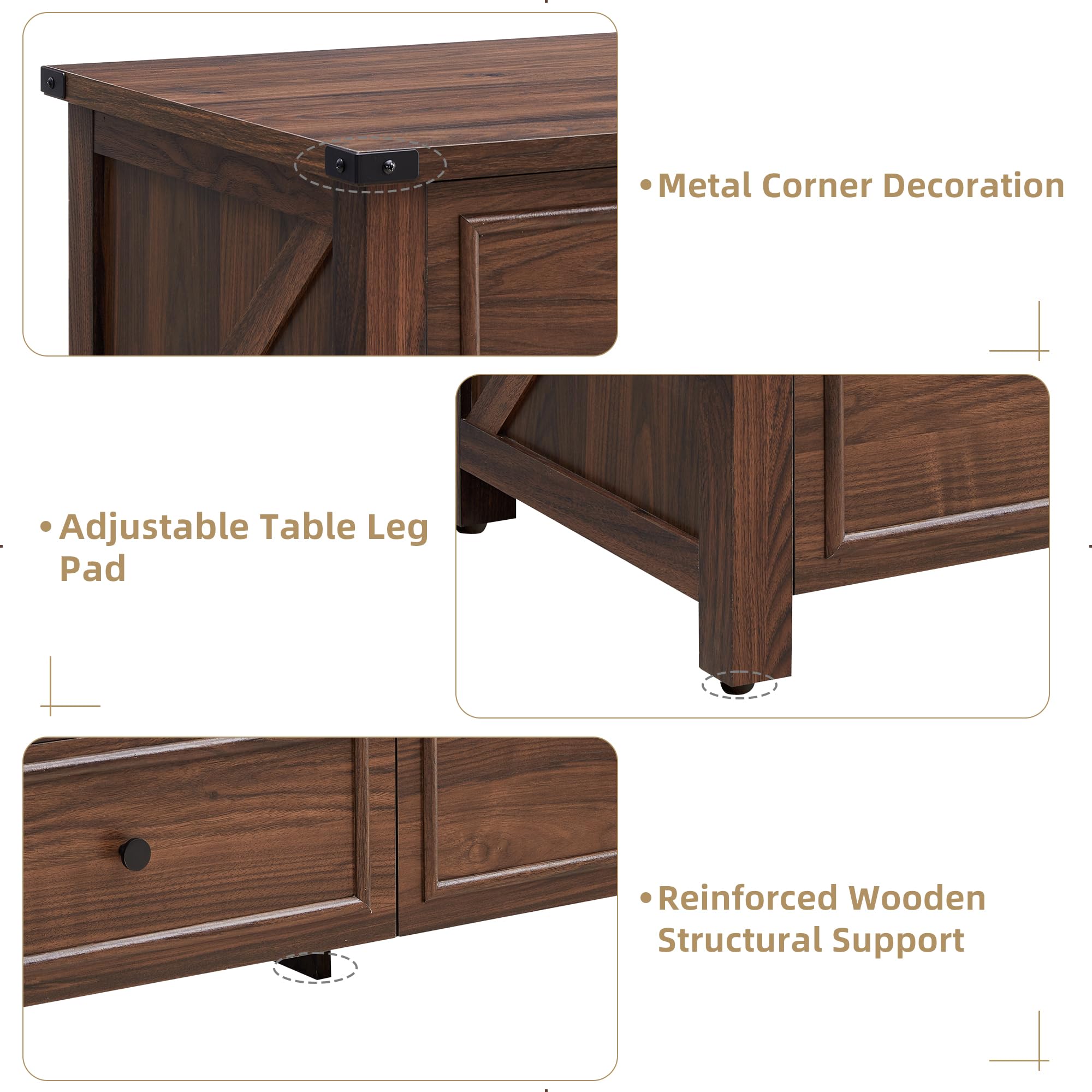JXQTLINGMU 48" Coffee Table with 4 Large Storage Drawers, Modern Farmhouse Cocktail Table with Barn Door Design, Rustic Rectangle Center Table for Living Room, Office, Brown