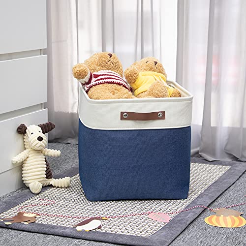 HNZIGE Baskets Fabric Storage Cubes Bins Baskets(3 Pack)Storage Baskets Cube for Shelf, Large Collapsible Organizer Closet Baskets,13x13 Toy Baskets with Leather Handle for Kids, Home, Clothes, Shelf(White&Blue)