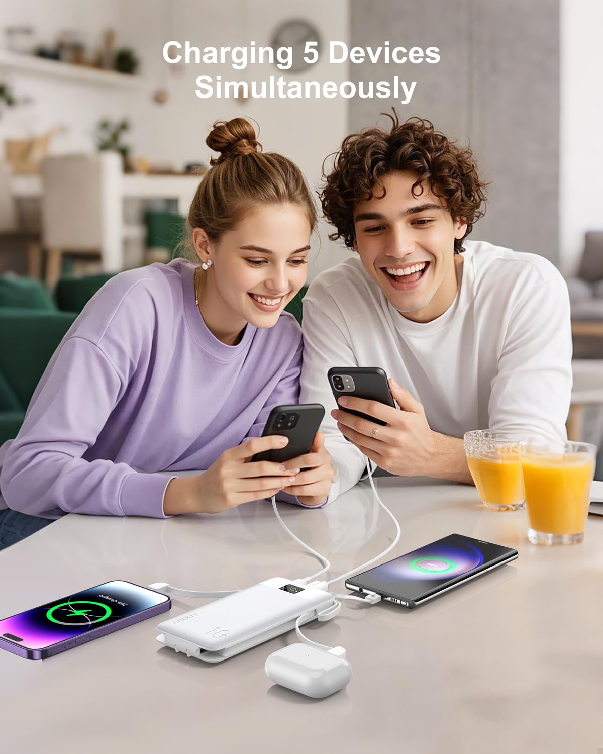 ANOUV 2-Pack Portable Charger with Built-in Cables&AC Wall Plug,10000mAh Power Bank,PD 22.5W USB-C Fast Charging External Battery Pack with LED Display for iPhone 16/15/14 iPad Samsung S22 S21 Galaxy
