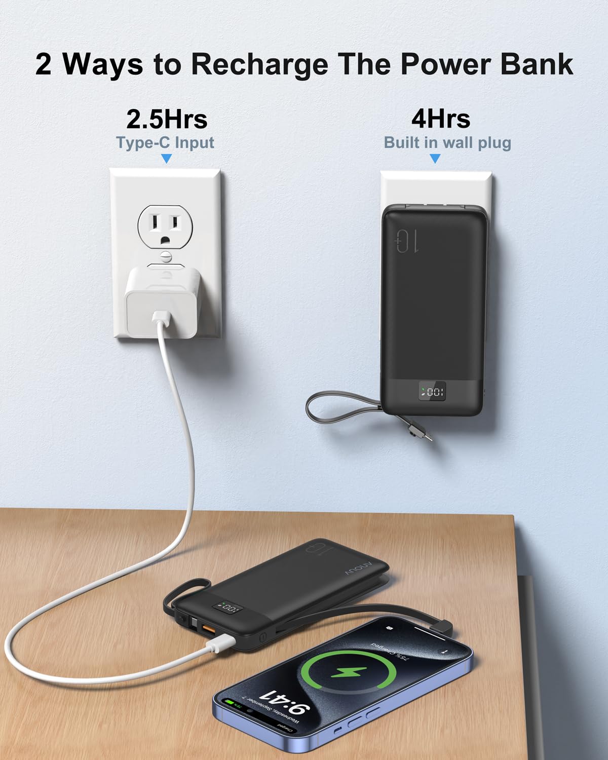 ANOUV 2-Pack Portable Charger with Built-in Cables&AC Wall Plug,10000mAh Power Bank,PD 22.5W USB-C Fast Charging External Battery Pack with LED Display for iPhone 16/15/14 iPad Samsung S22 S21 Galaxy